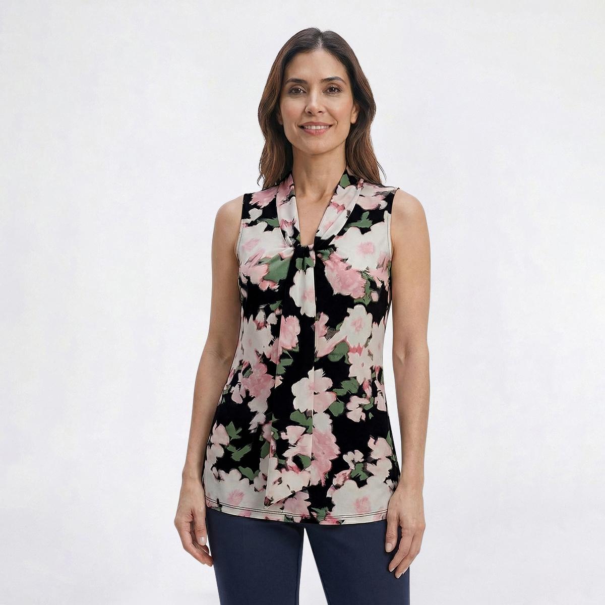 Click here for Womens Kasper Sleeveless Knot V Neck Floral Blouse prices